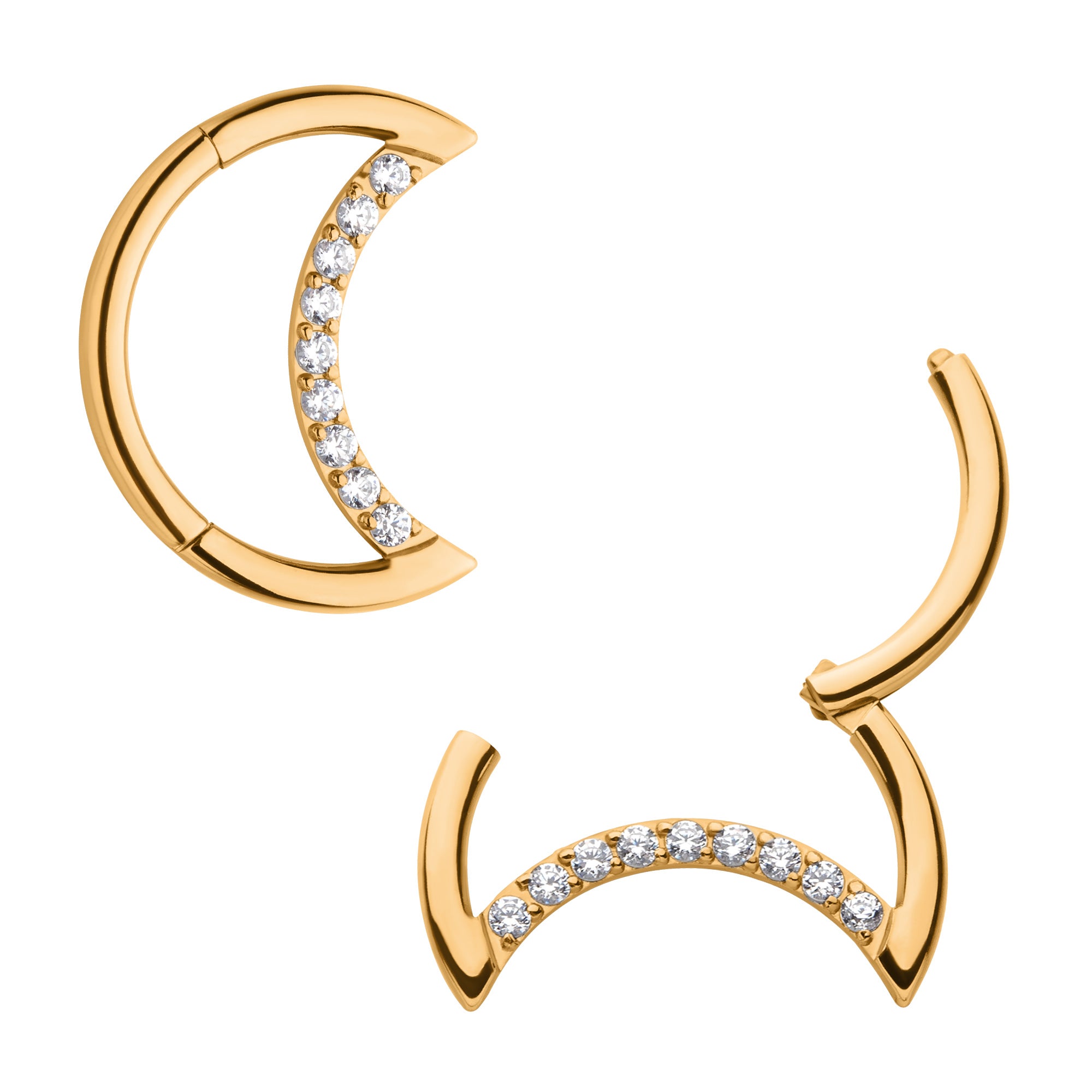24Kt Gold PVD Titanium Crescent Moon CZ Front Facing Hinged Segment Cl ...