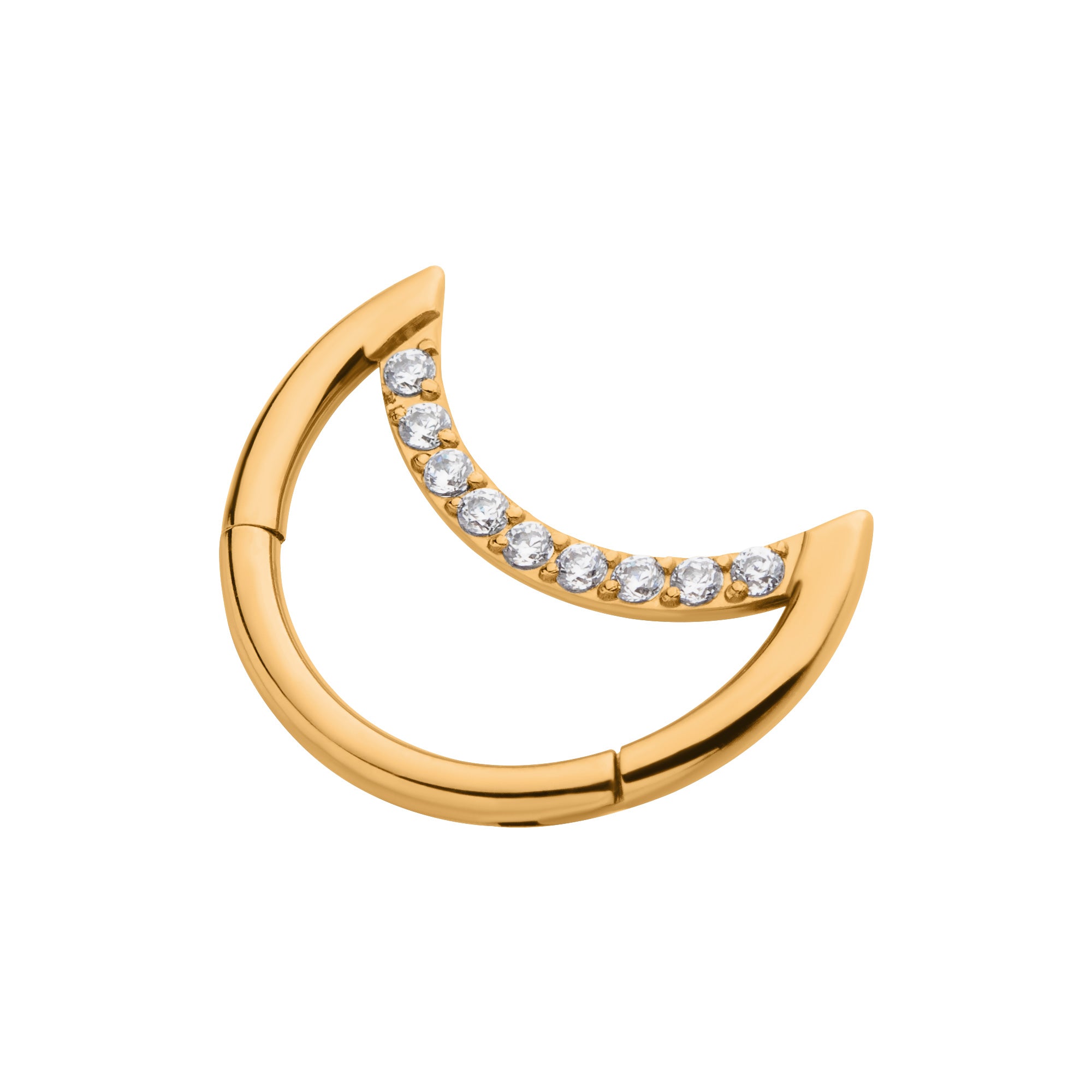24Kt Gold PVD Titanium Crescent Moon CZ Front Facing Hinged Segment Cl ...